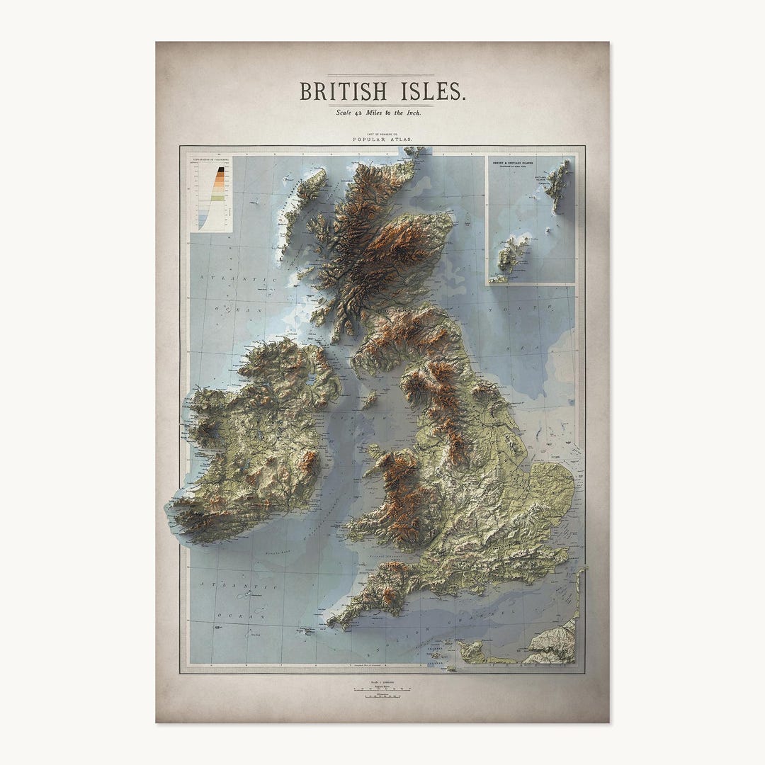 British Isles Poster | Topographic Shaded Relief Map (1922 Reproduction ...