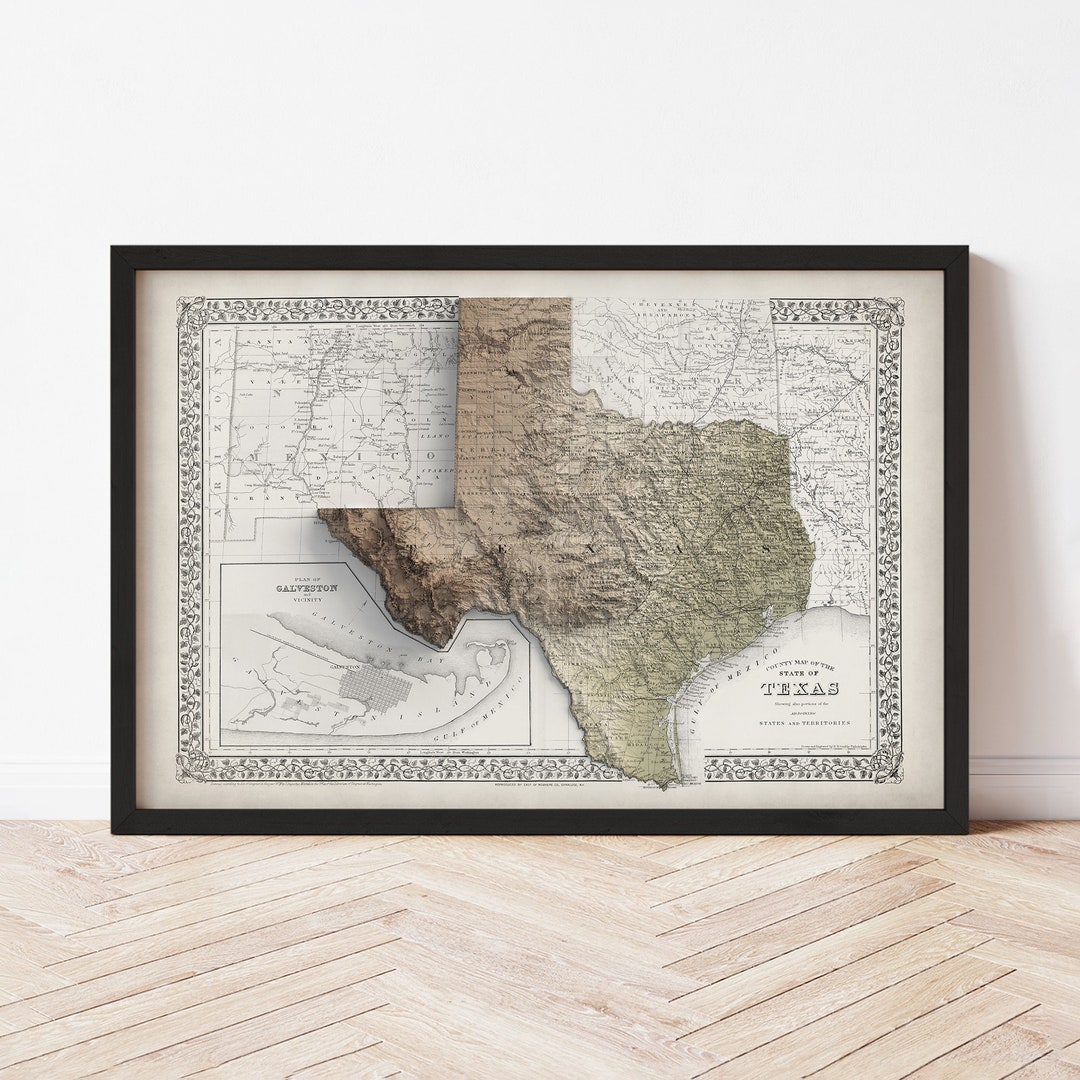 Texas Map Wall Art Print Vintage Topographic Map Print 1880 East of ...