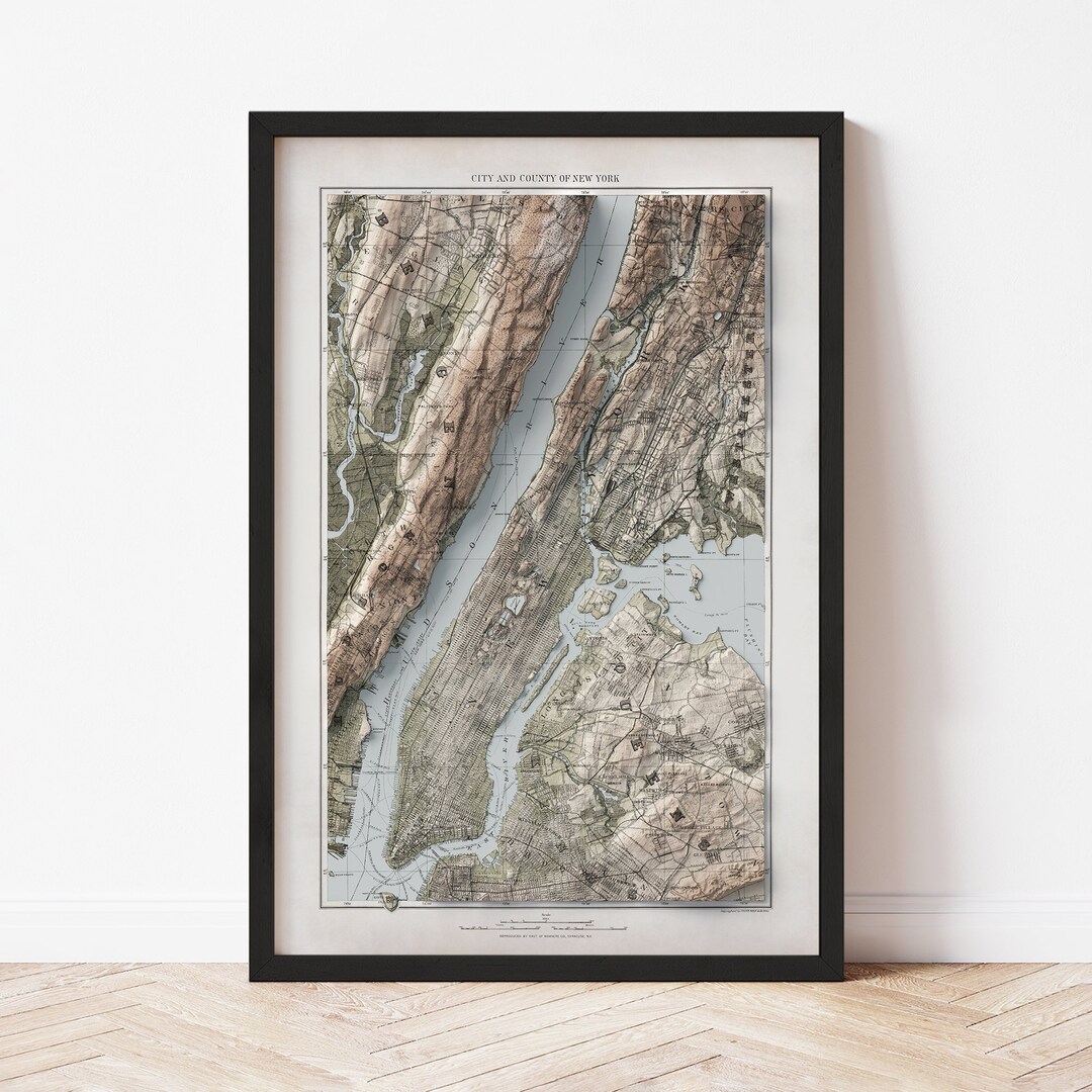 New York County (manhattan) Topographic Map: 1893 Vintage Style Giclée ...