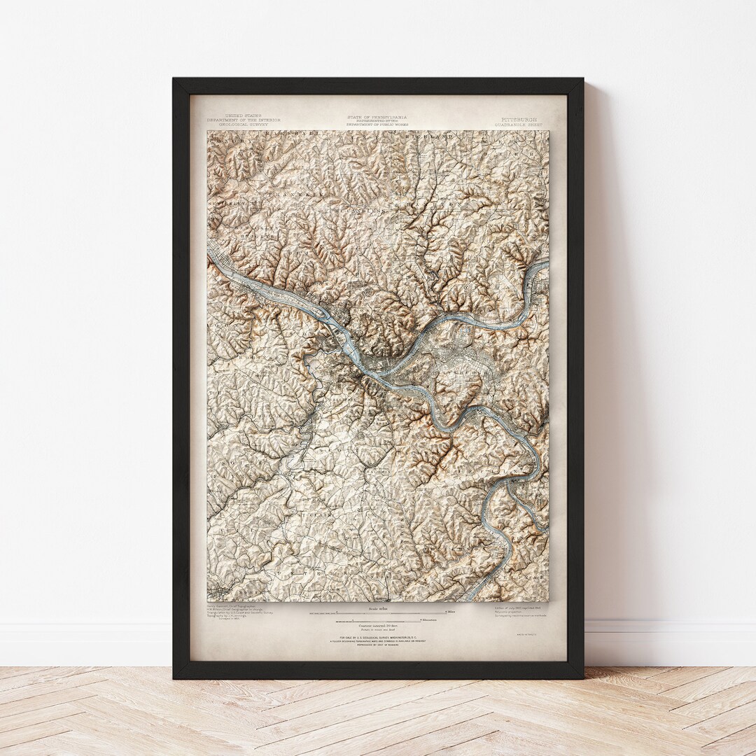 Pittsburgh Map 1907 Elevation Map Map Art Topographic Terrain Relief ...