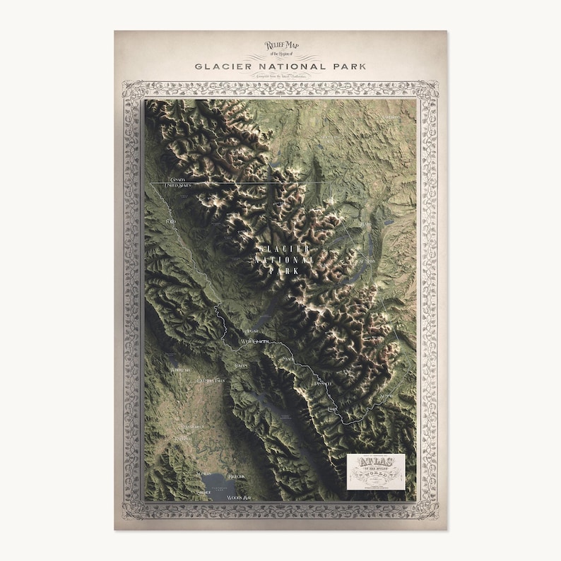 Glacier National Park (montana) Poster | Topographic Shaded Relief Map ...