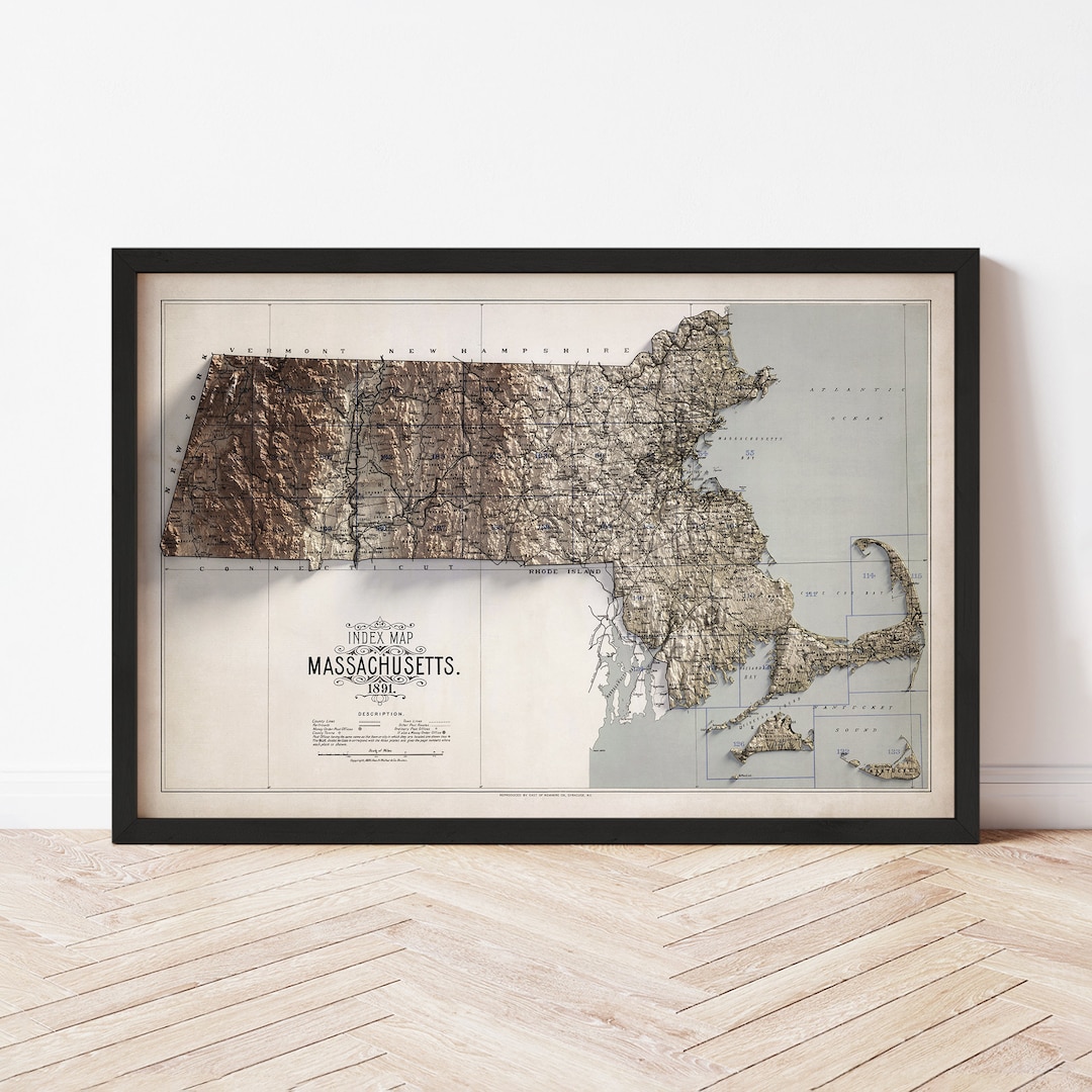 Massachusetts Topographic Map Poster | 1891 Vintage Replica | Giclee ...