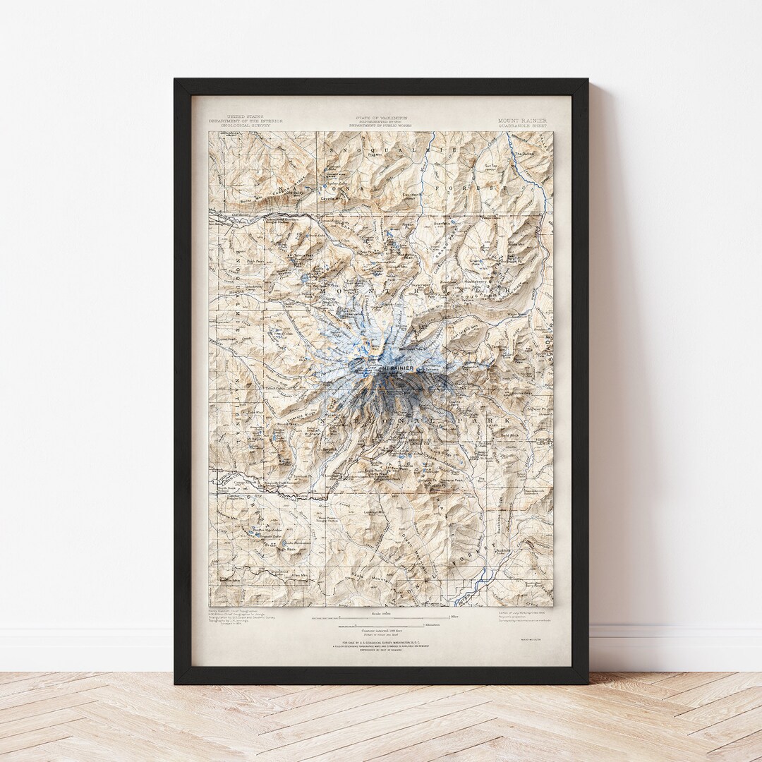 Mount Rainier Topographic Map Poster | 1924 Vintage Replica | Giclee ...