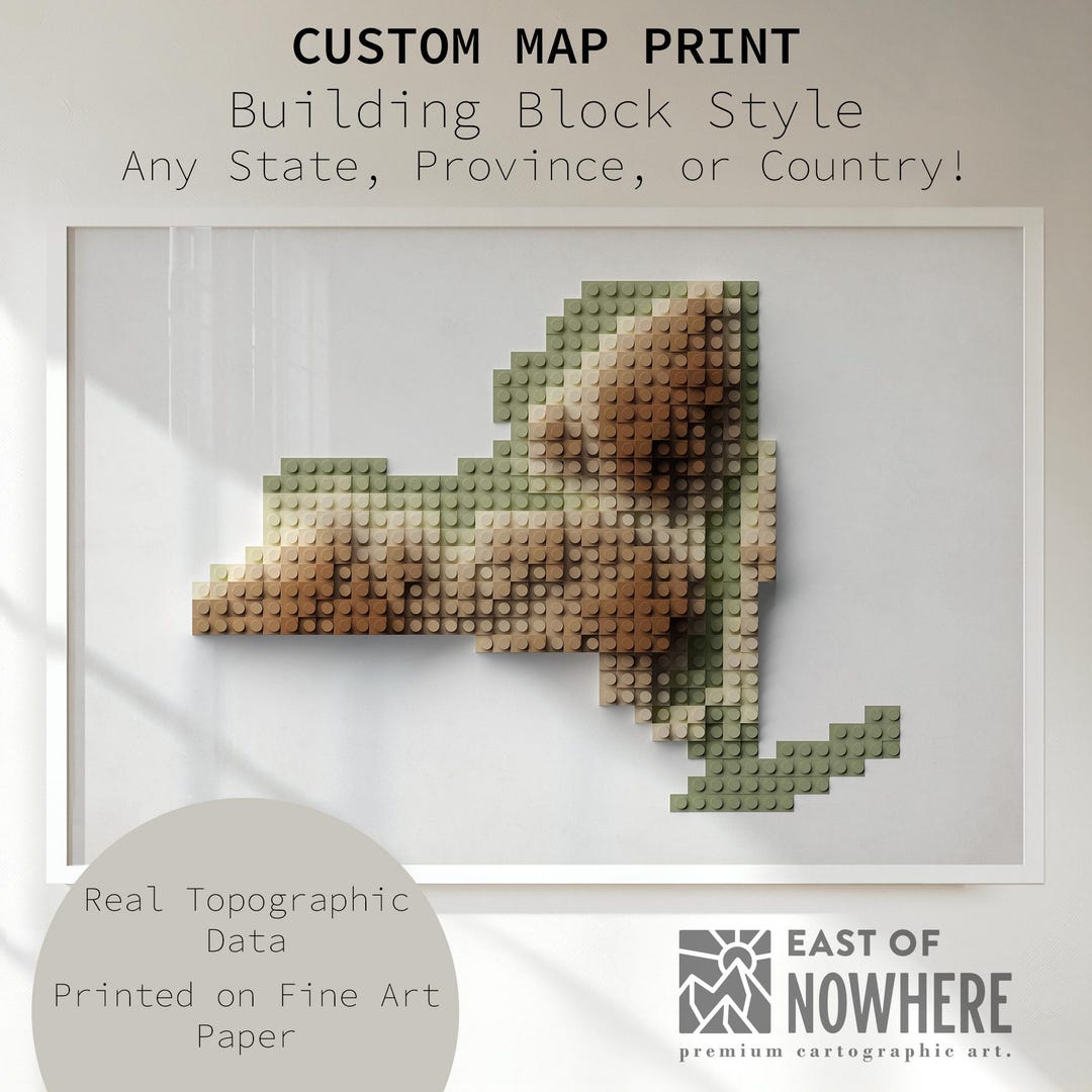 Custom Map Art Building Block Style Topographic Coloring Any State or ...