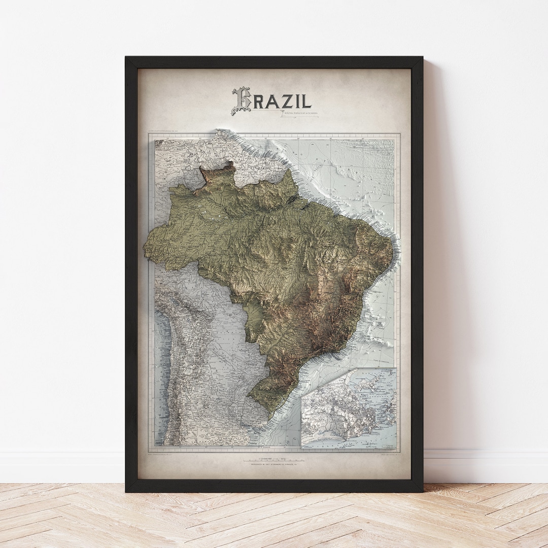 Brazil Map Wall Art Print Vintage Topographic Map Print 1929 East of ...
