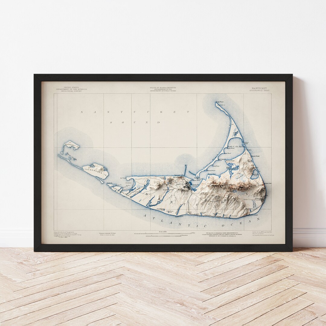 Nantucket Topographic Map Poster | 1889 Vintage Replica | Giclee Wall ...