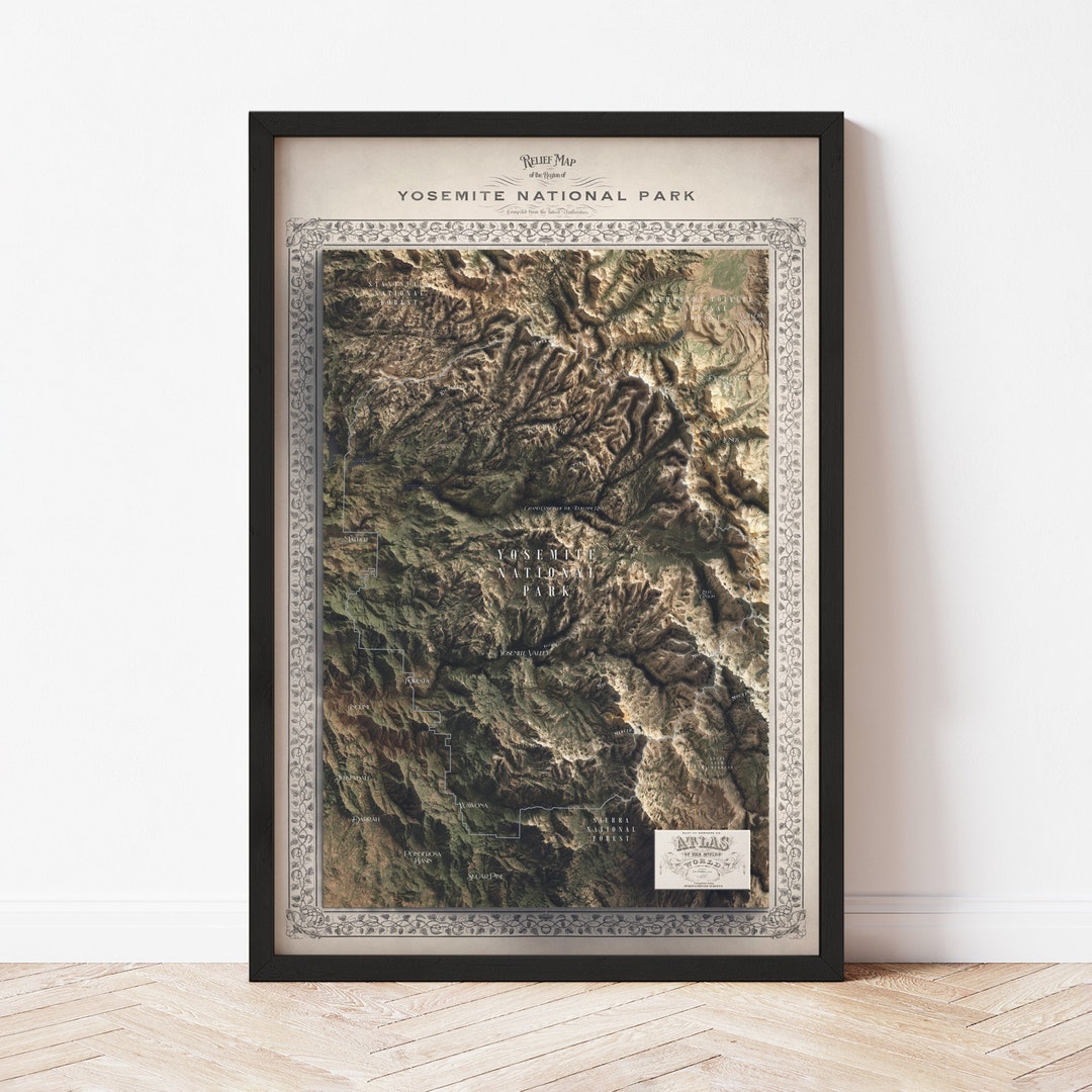 Yosemite National Park Map Elevation Map Map Art Topographic Terrain ...