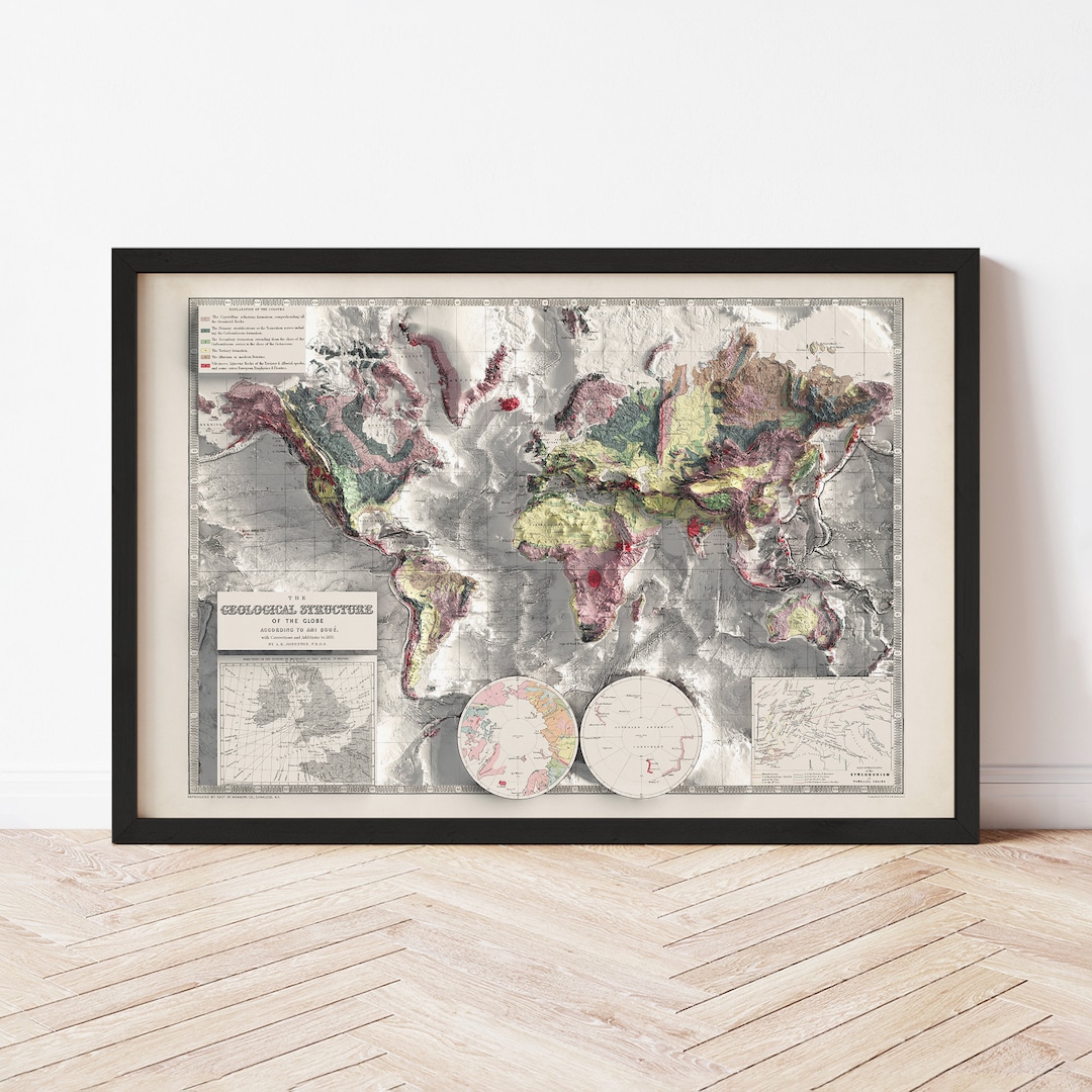 World Geologic Topographic Map Poster | 1856 Vintage Replica | Giclee ...