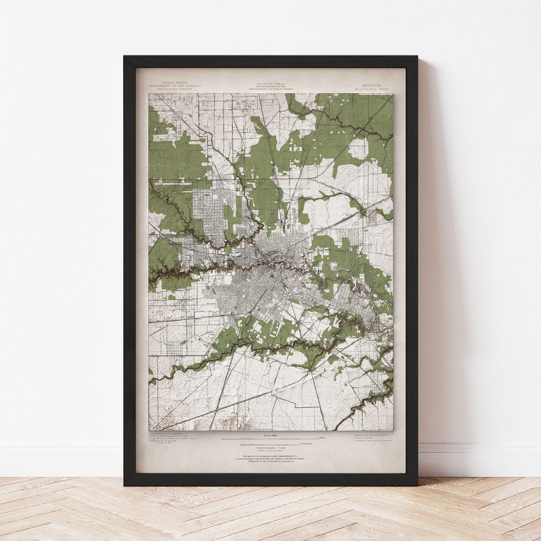 Houston Map Wall Art Print Vintage Topographic Map Print 1921 East of ...