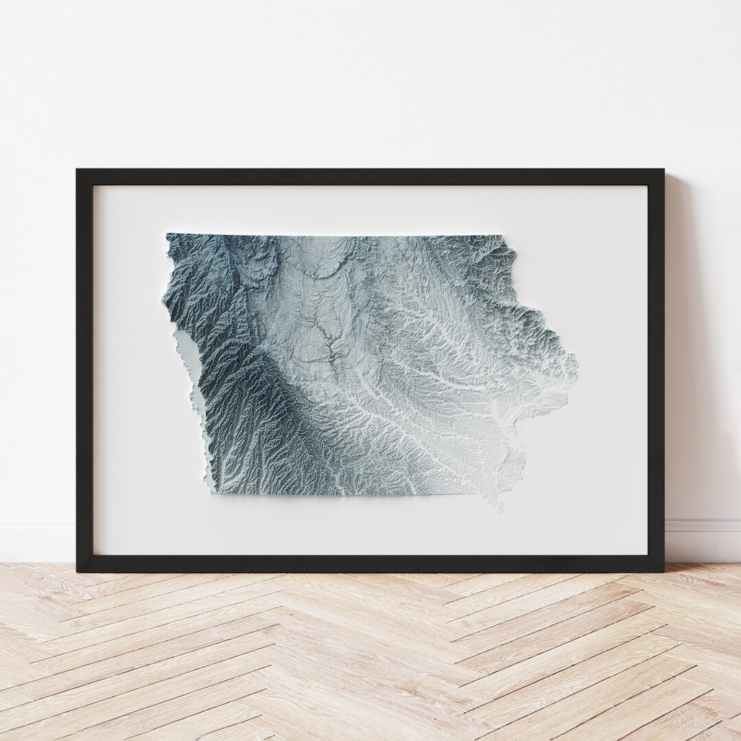 Iowa Minimalist Relief Map Elevation Map Map Art Topographic Terrain Relief Geologic 3D Effect ...