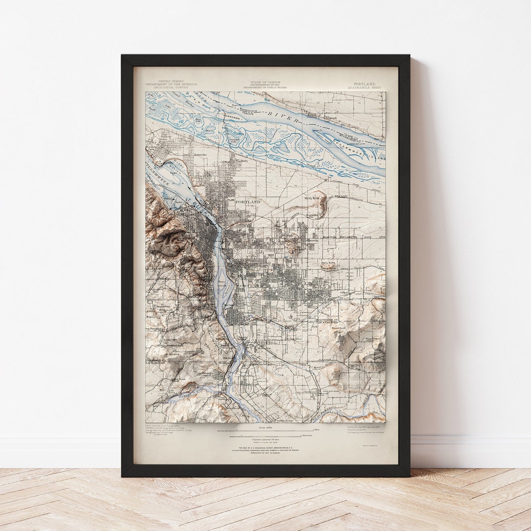 Portland, Oregon Topographic Map Poster | 1914 Vintage Replica | Giclee ...