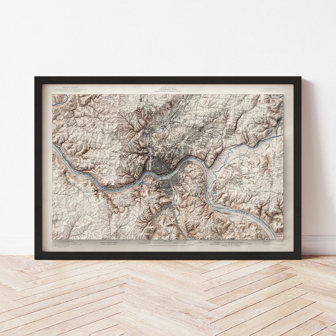 Cincinnati Topographic Map Poster | 1914 Vintage Replica | Giclee Wall ...