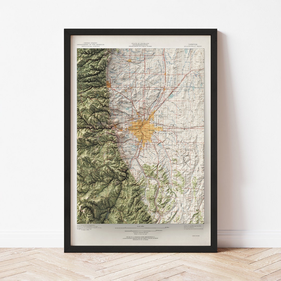 Denver Topographic Map Poster | 1963 Vintage Replica | Giclee Wall Art ...