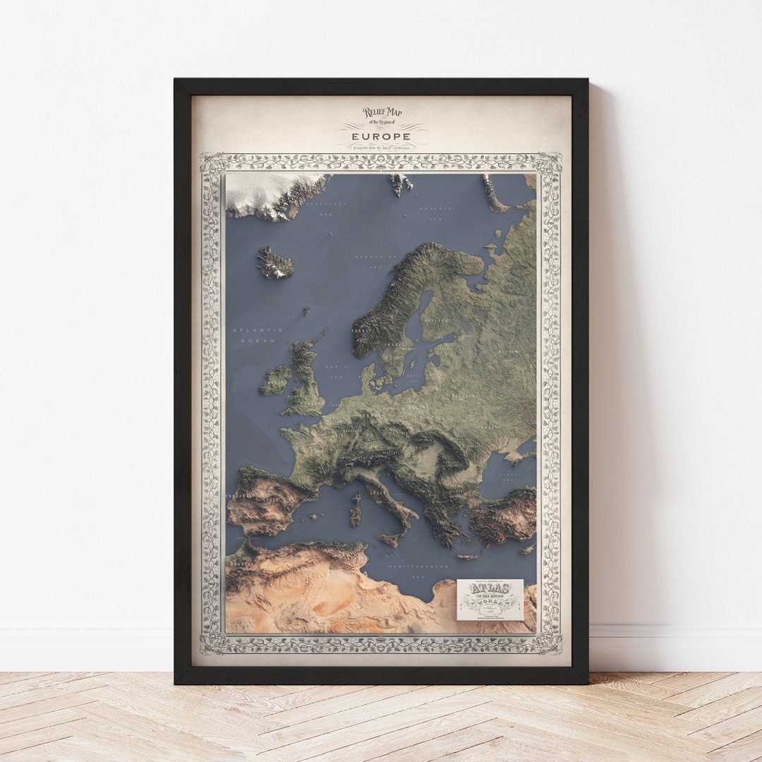 Europe Topographic Map Poster | Atlas Style Original Design | Giclee ...