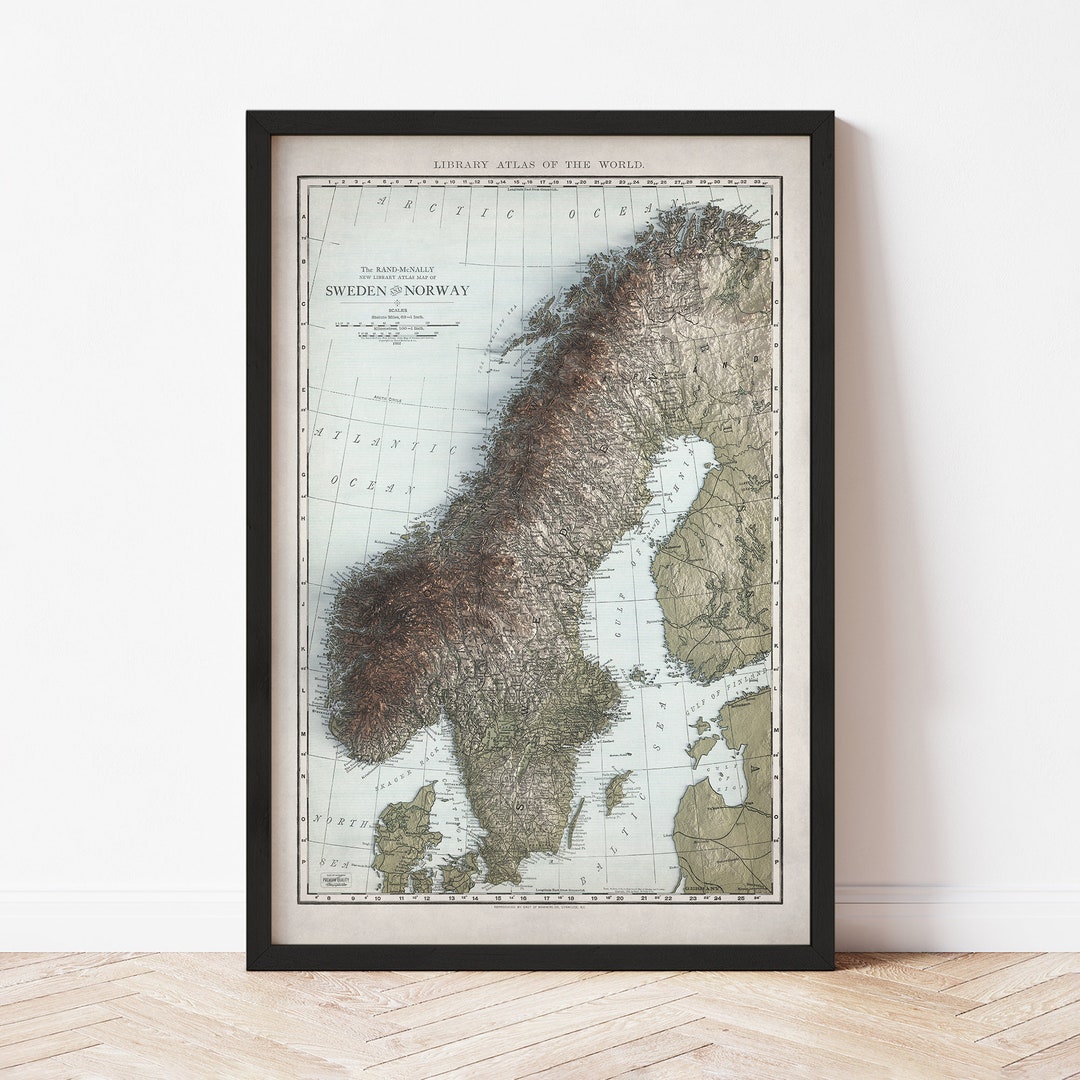 Sweden and Norway Topographic Map Poster | 1912 Vintage Replica ...