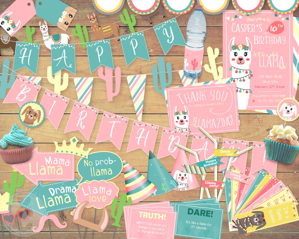 Printable, Llama Themed, Party Megapack - Customisable Invitation ...