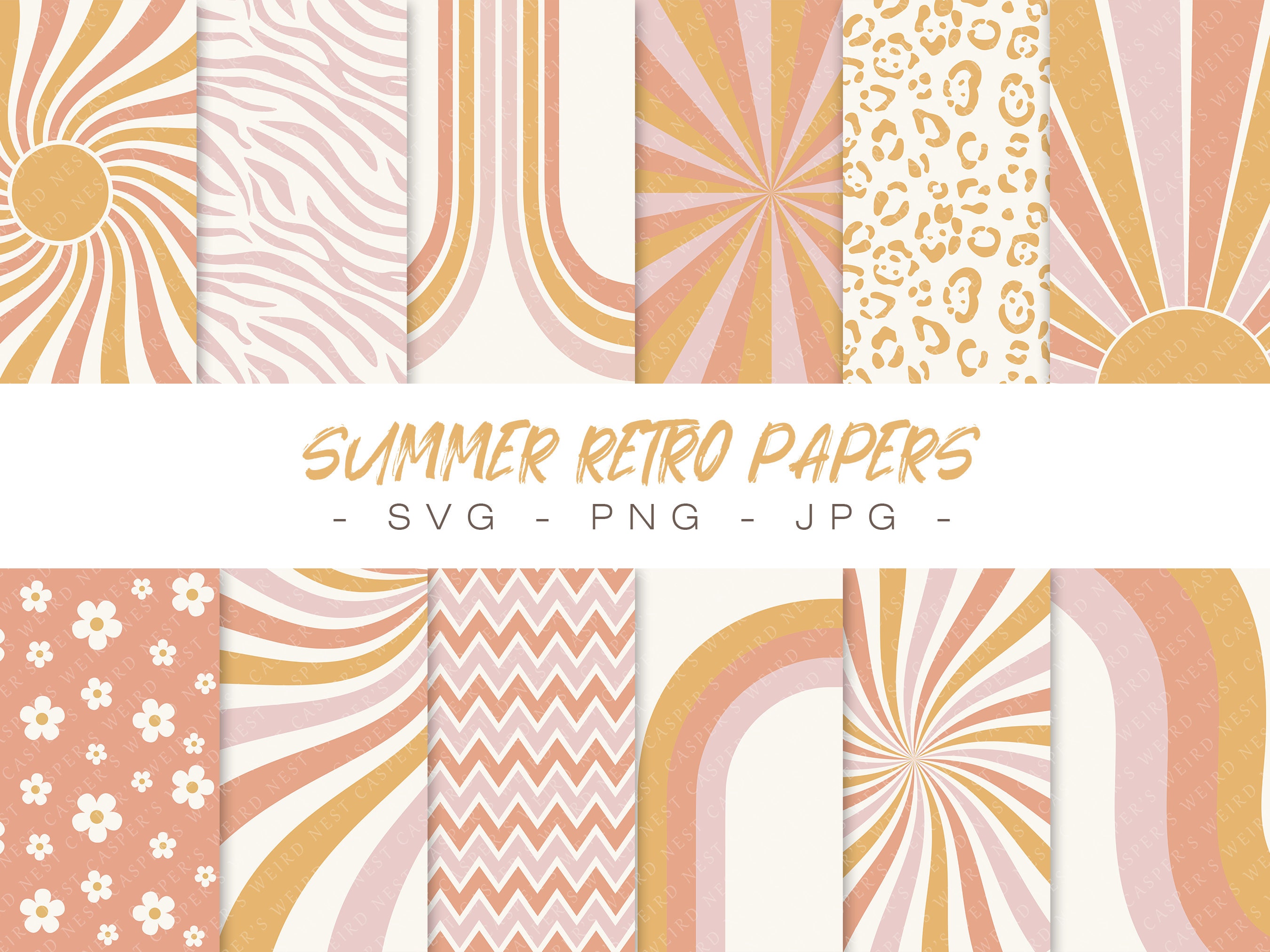 Summery Retro Digital Papers - PNG, JPG, SVG - Commercial Use, Instant ...