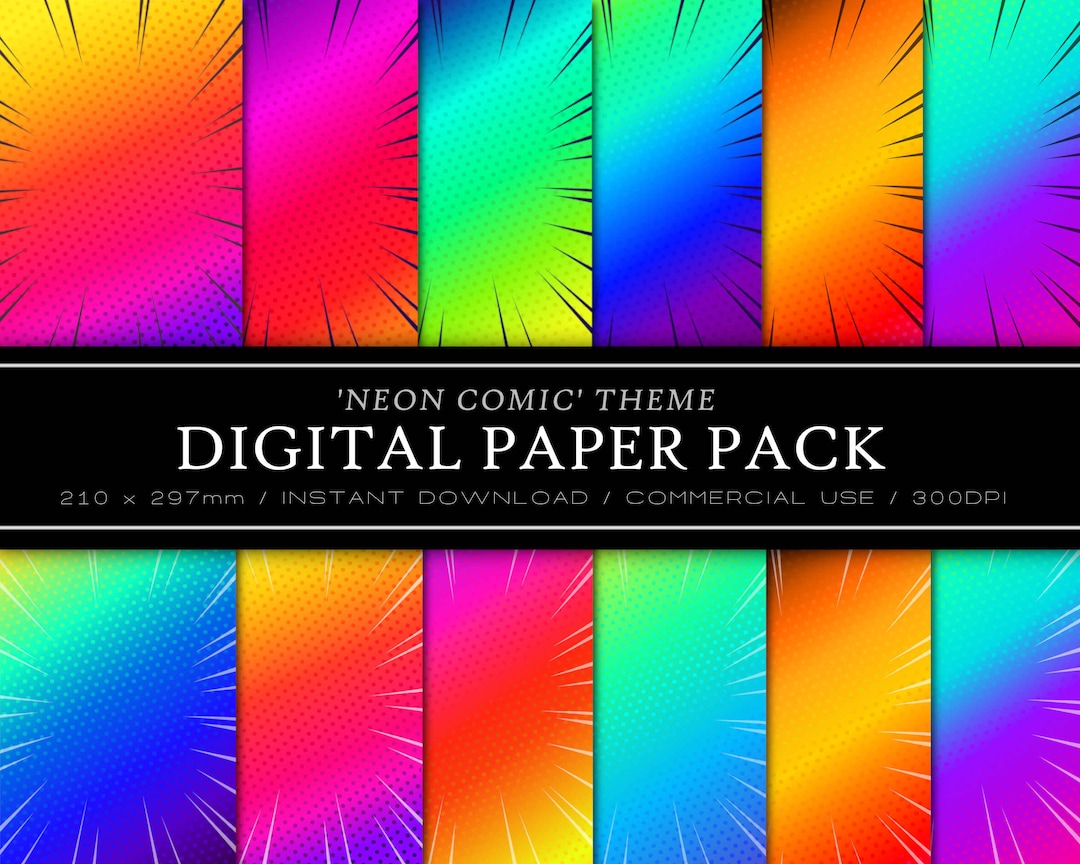 Neon Comic Digital Papers / Background - PNG & JPG - Commercial Use ...