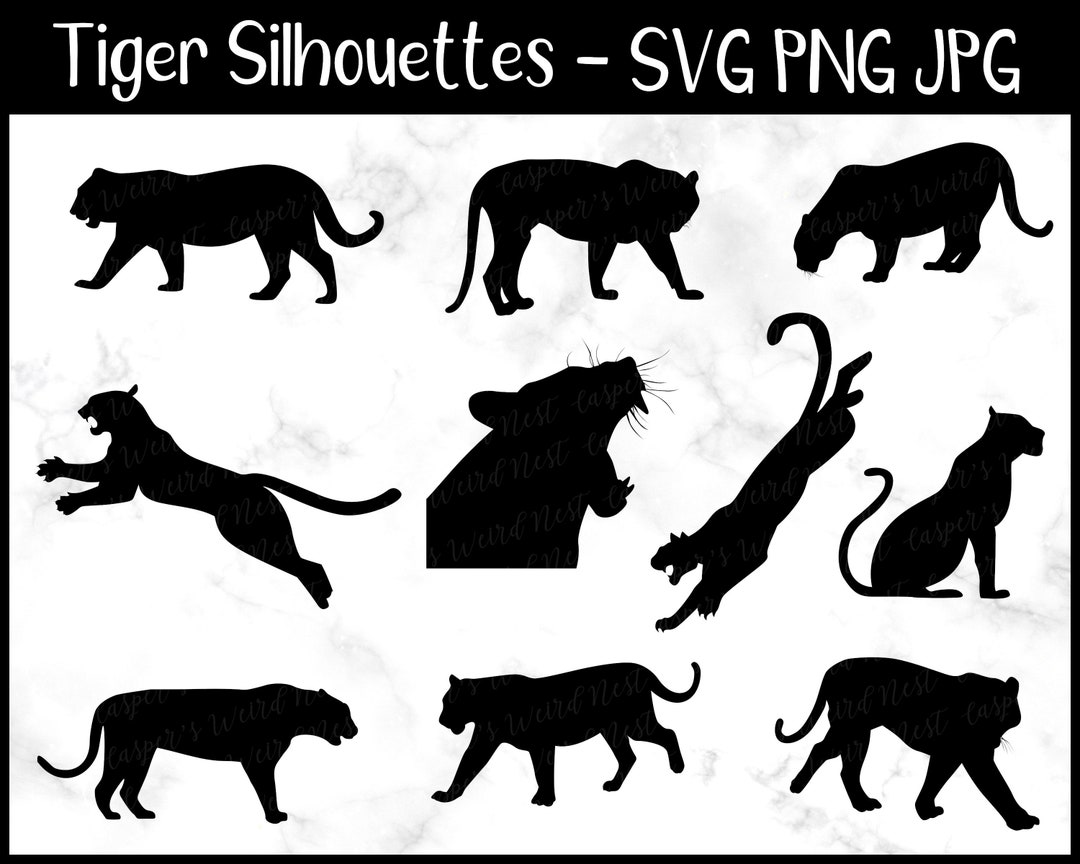 Tiger Silhouettes, Bundle - SVG, PNG, JPG, Digital Cut Files ...