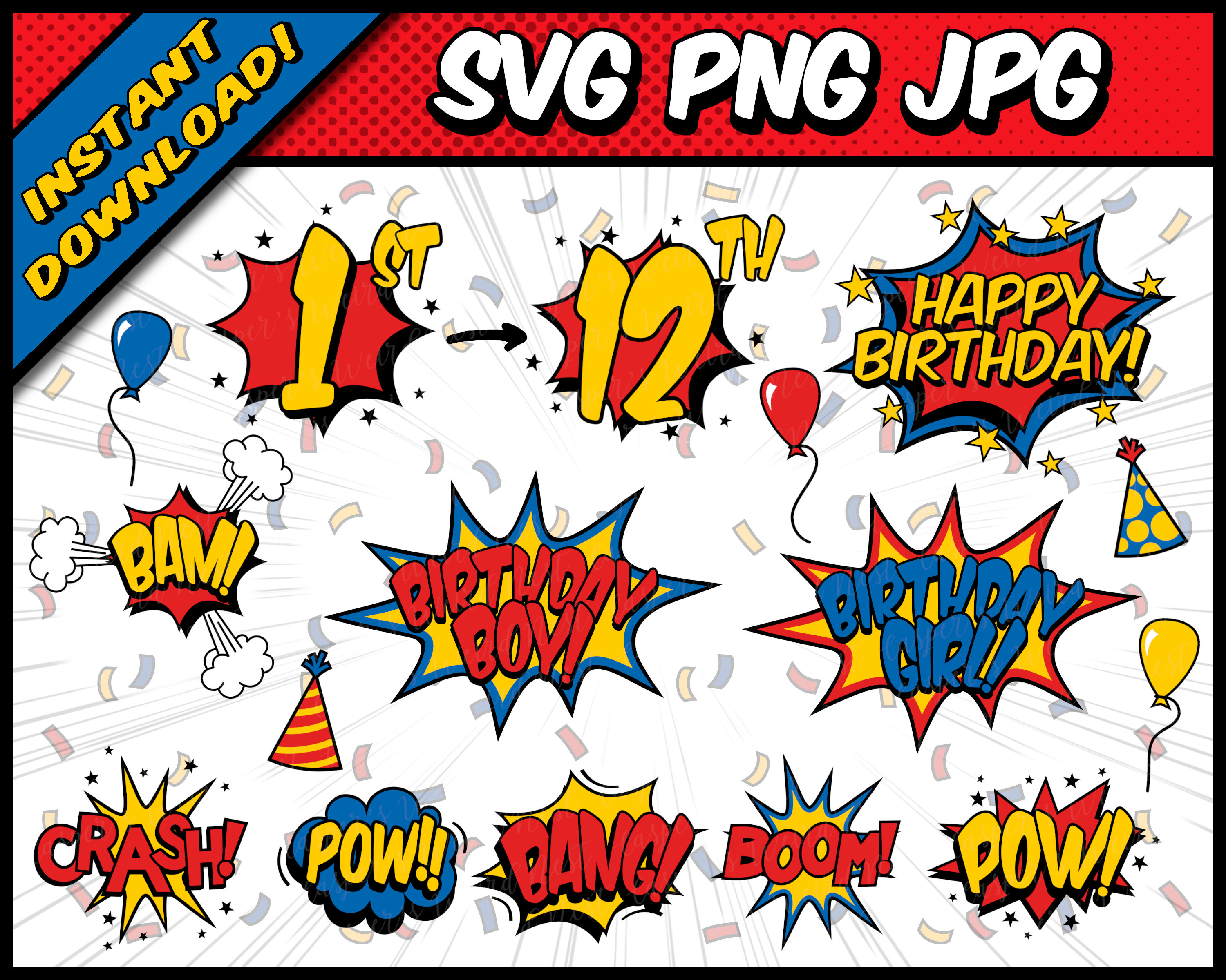 Comic Cartoon Style - Birthday Bundle - SVG, PNG, JPG - Digital Cut ...