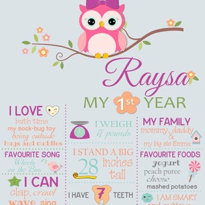 Pink Owl First Birthday Milestone Poster Owl Wall Art Print - Etsy