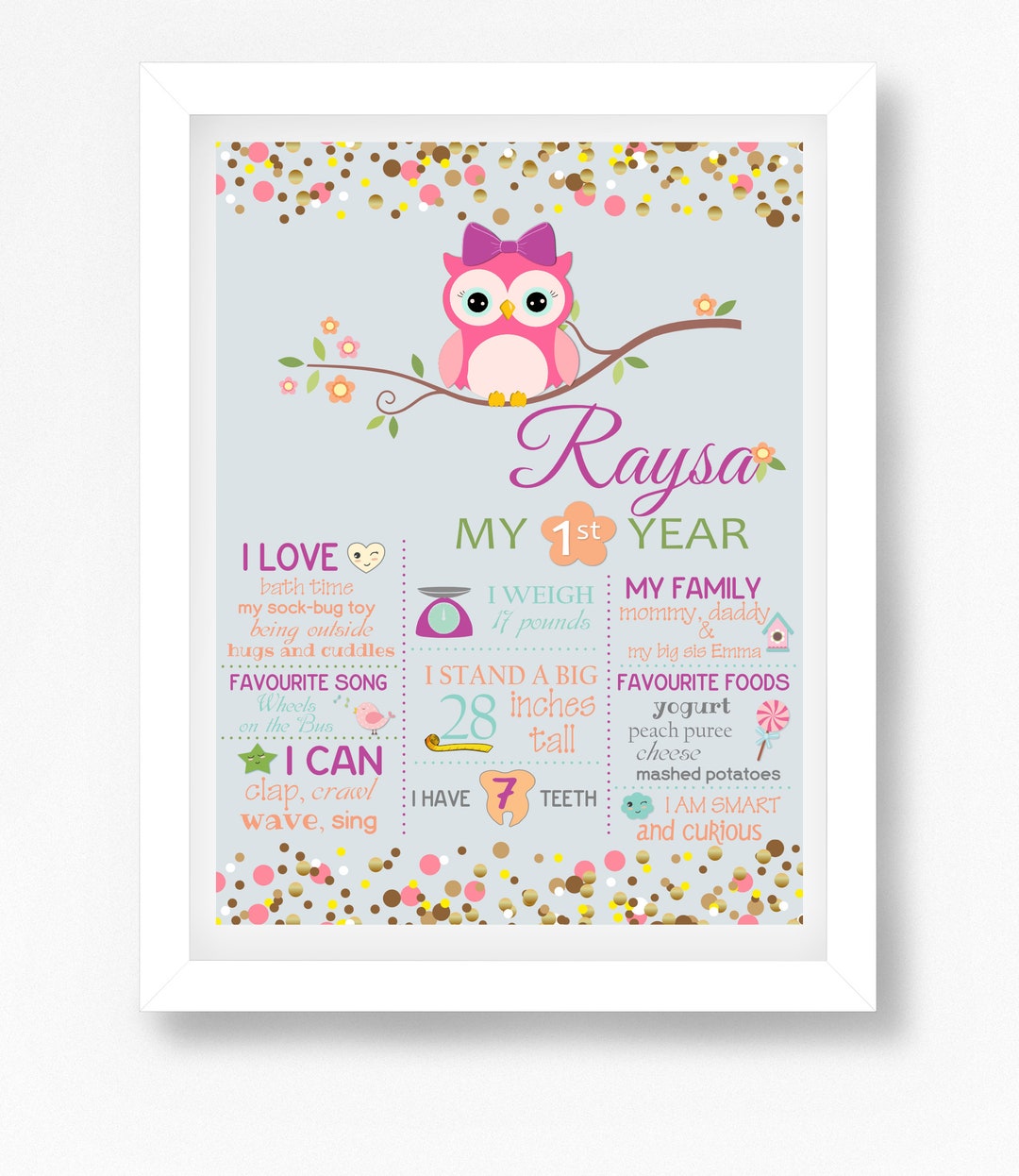 Pink Owl First Birthday Milestone Poster Owl Wall Art Print - Etsy