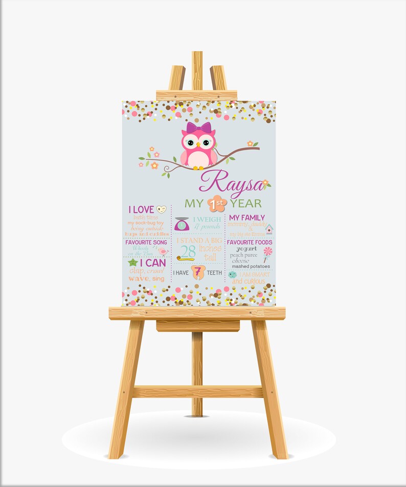 Pink Owl First Birthday Milestone Poster Owl Wall Art Print | Etsy