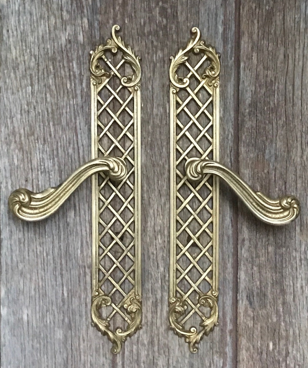 A Pair of Detailed Well-moulded Repousse Brass Door Handles and Plates ...