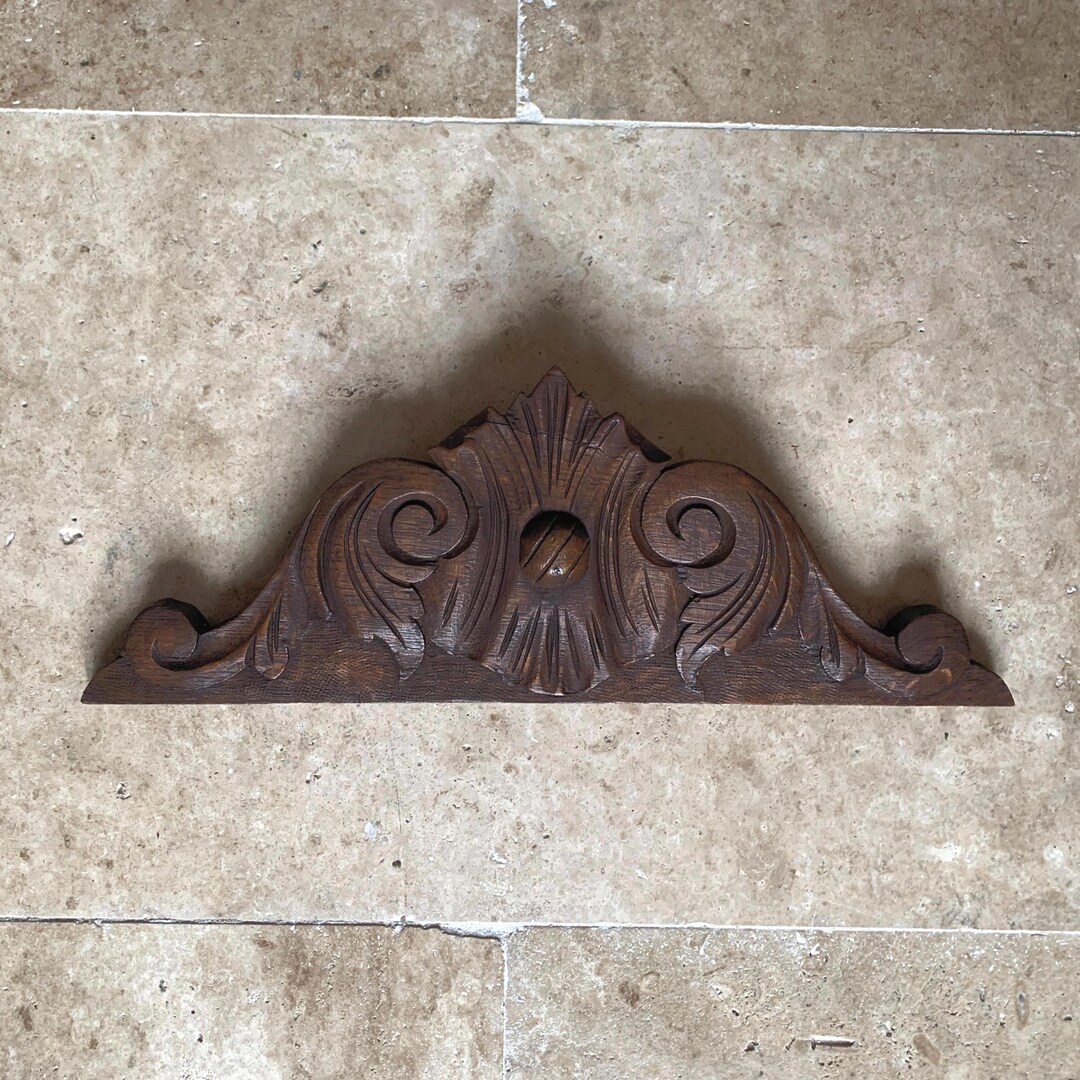 Antique French Carved Wooden Pediment: Rococo Medallion, Foliate Detail ...