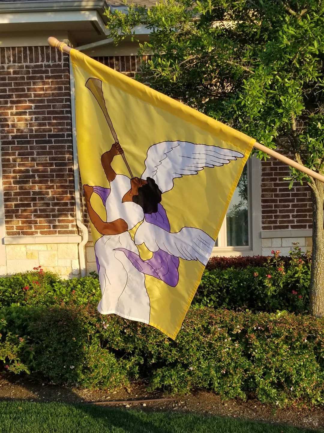 Black Angel Blowing Trumpet House Flag - Handmade Applique & Embroidery ...