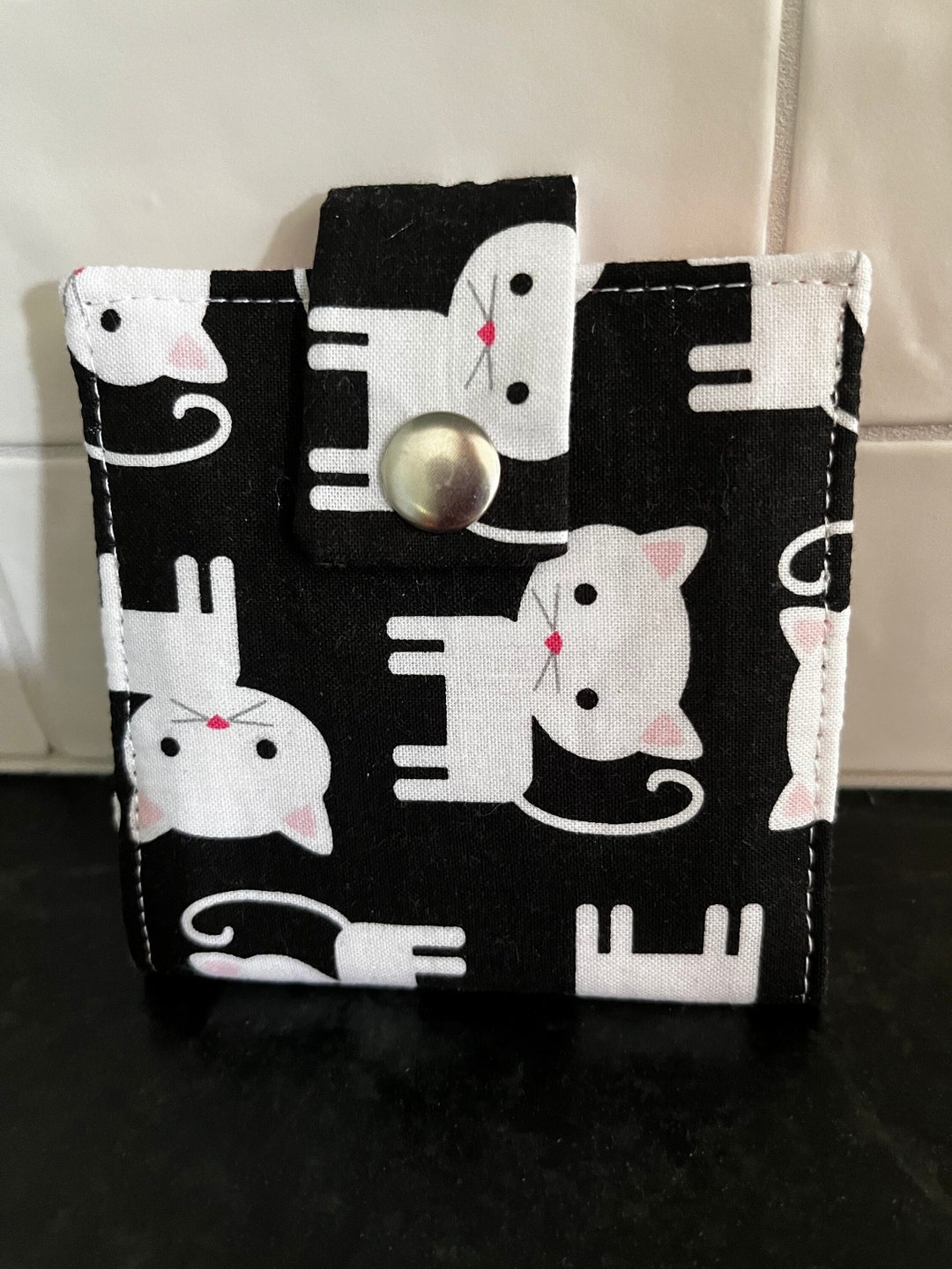 White Kitty Cat on Black Fold up Wallet - Etsy