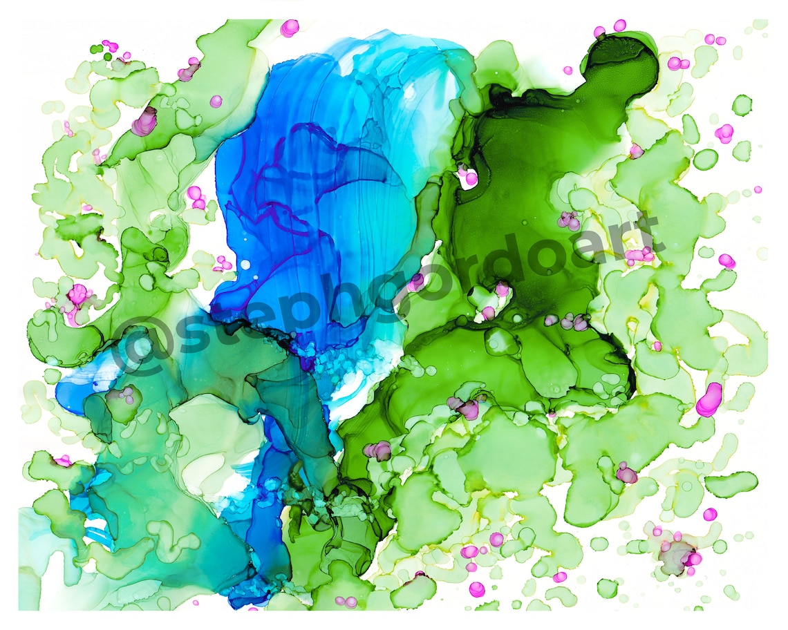 Abstract Alcohol Ink Print Magical Waterfall Art Print Green Blue Pink ...
