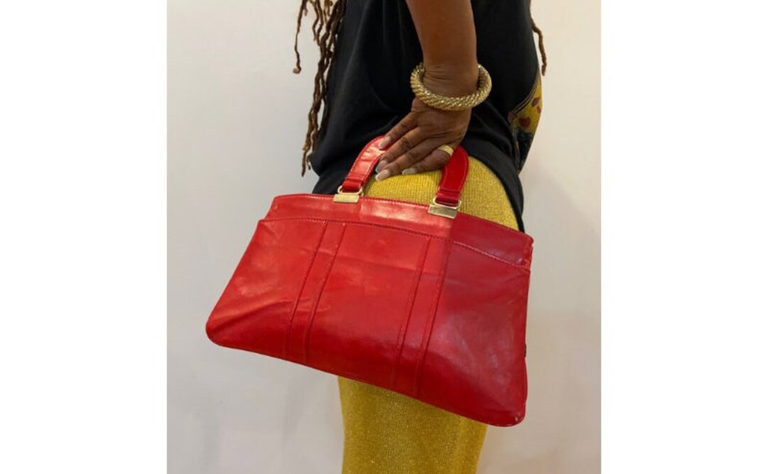 Vintage 70s Red Vinyl Top Handle Double Side Handbag With Gold Tone ...