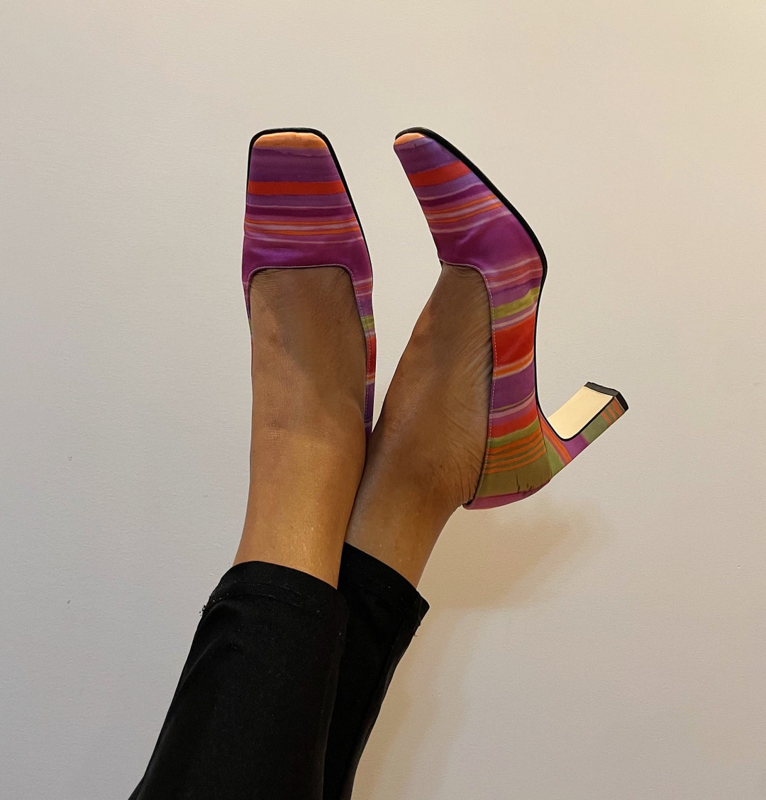 Vintage 90s Coup Detat Square Toe Fabric Multi Colored Heels/pumps W ...