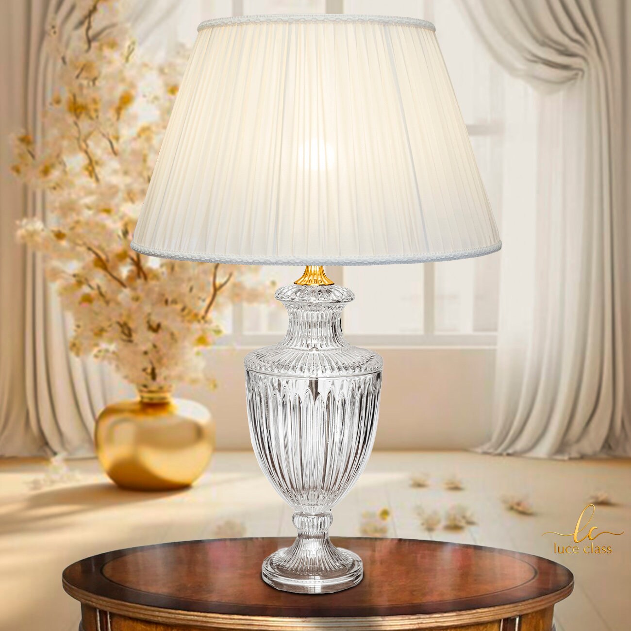 Large Classic Crystal Table Lamp With Pleated Silk Lampshade Made in ...