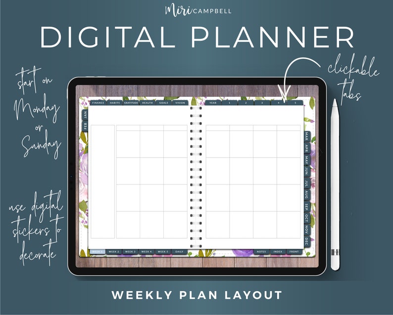 Goodnotes Digital Planner, Undated Weekly iPad Planner With Stickers ...