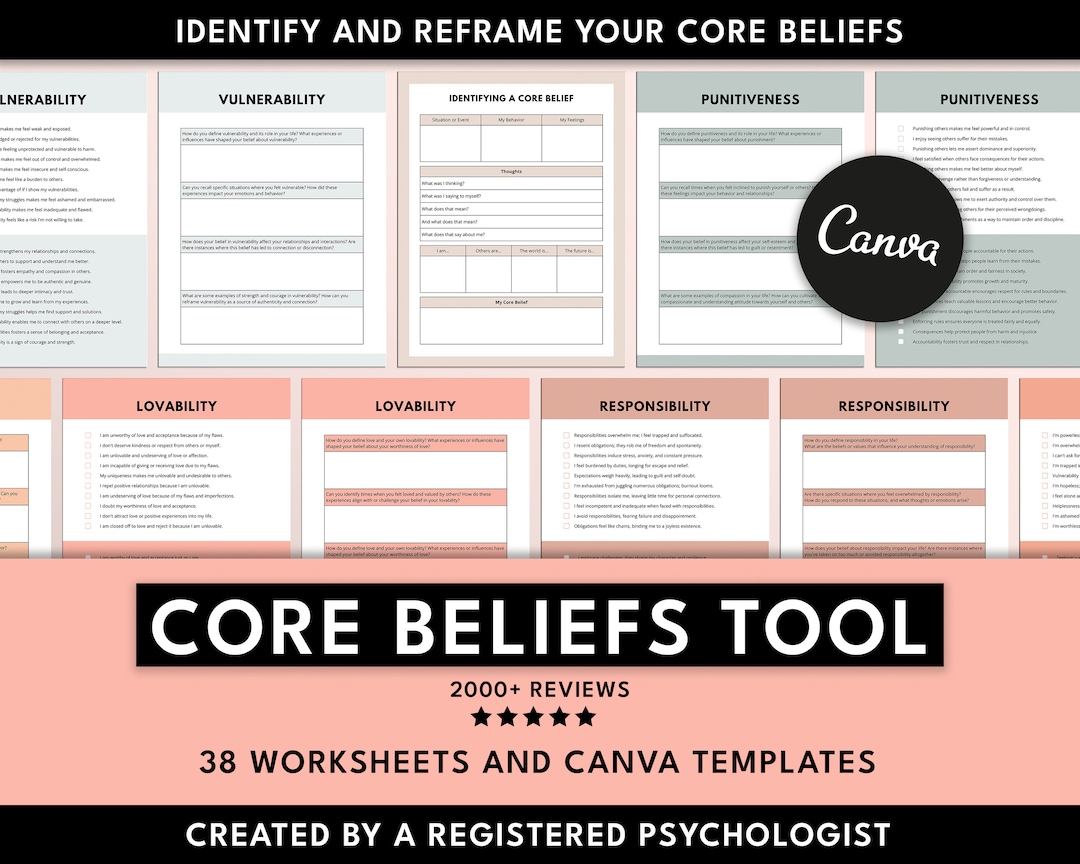 Core Beliefs Worksheets: Therapy CBT Canva Templates (PDF) - Etsy
