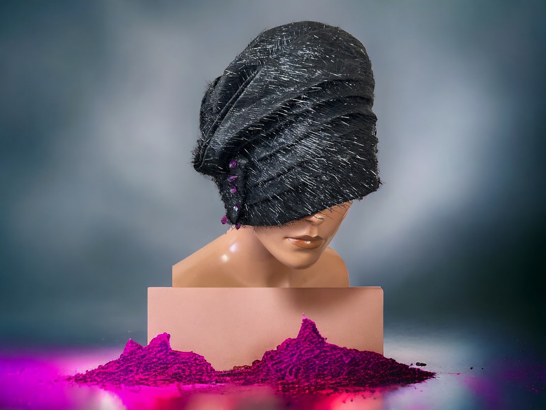 1960s Vintage Charo Hat Black and Silver With Purple Beads - Etsy