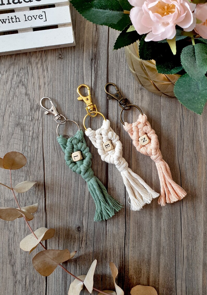 Macrame Keychain Custom Boho Cotton Bag Tag With Name Letter - Etsy