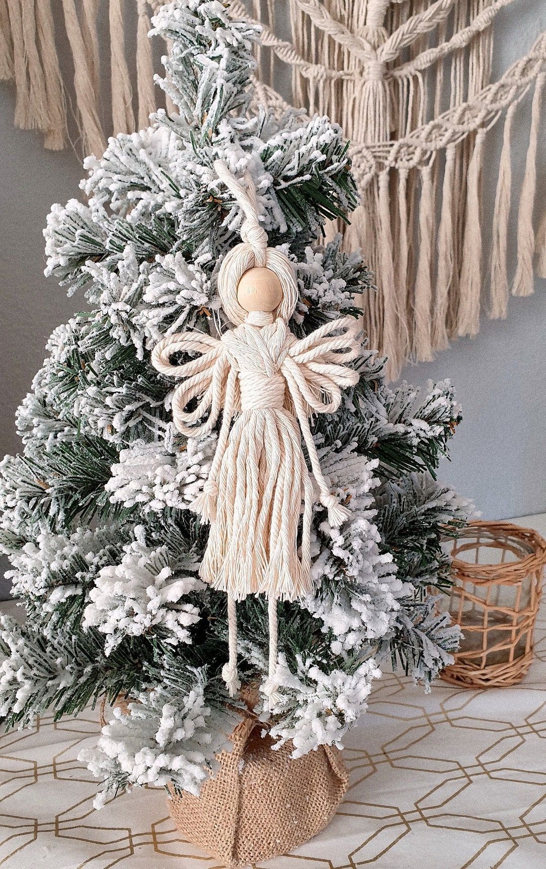 Macrame Guardian Angel, Boho Christmas Tree Ornament, Wooden Hanger ...