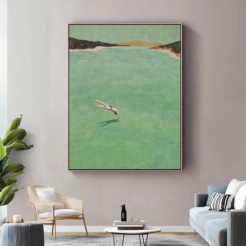 Seascape Painting: Man Diving Into Sea Green Ocean, Retro Wall Art - Etsy