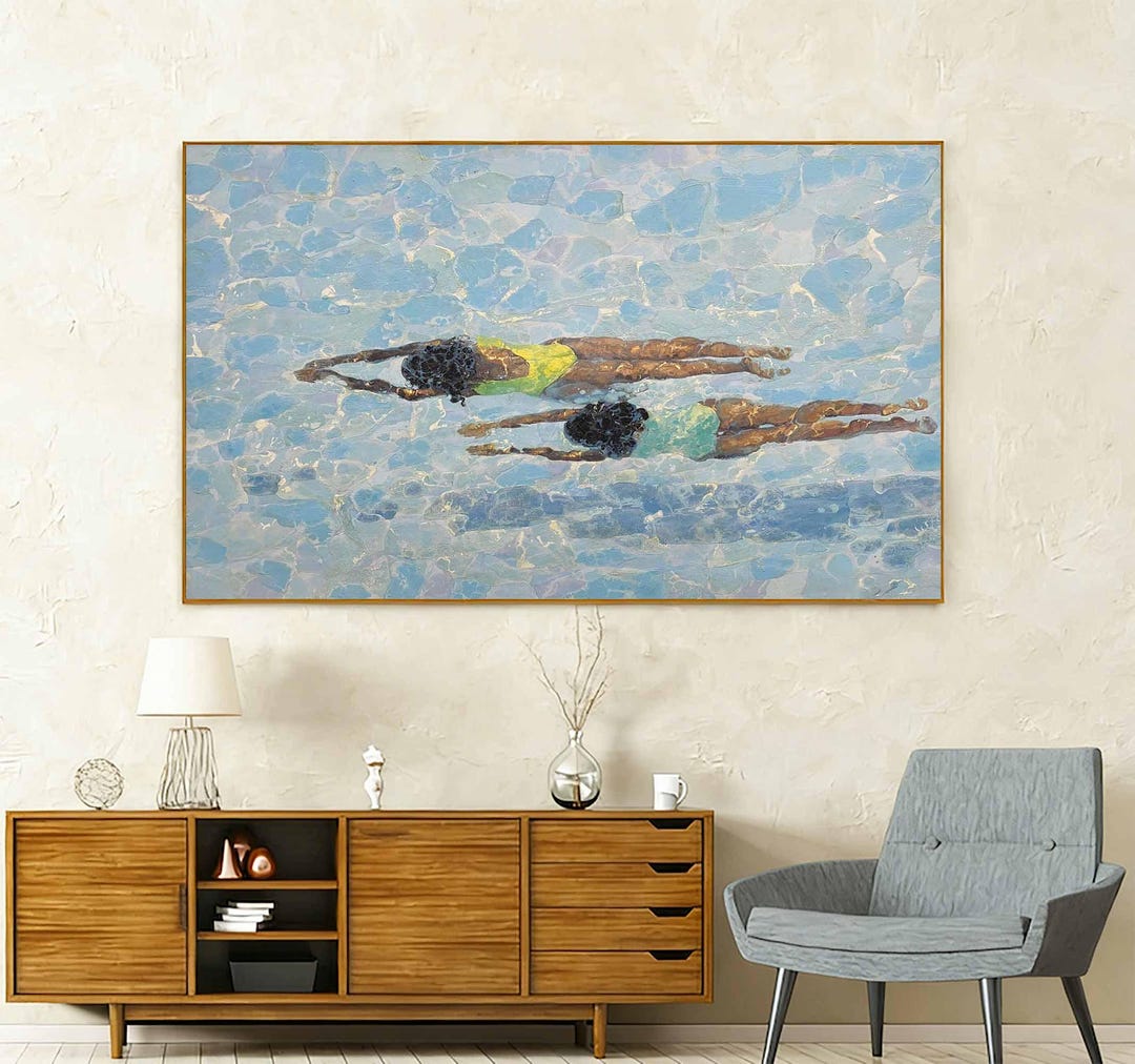 Palette Knife Swimming Women Oil Painting, Modern Pool Art - Etsy