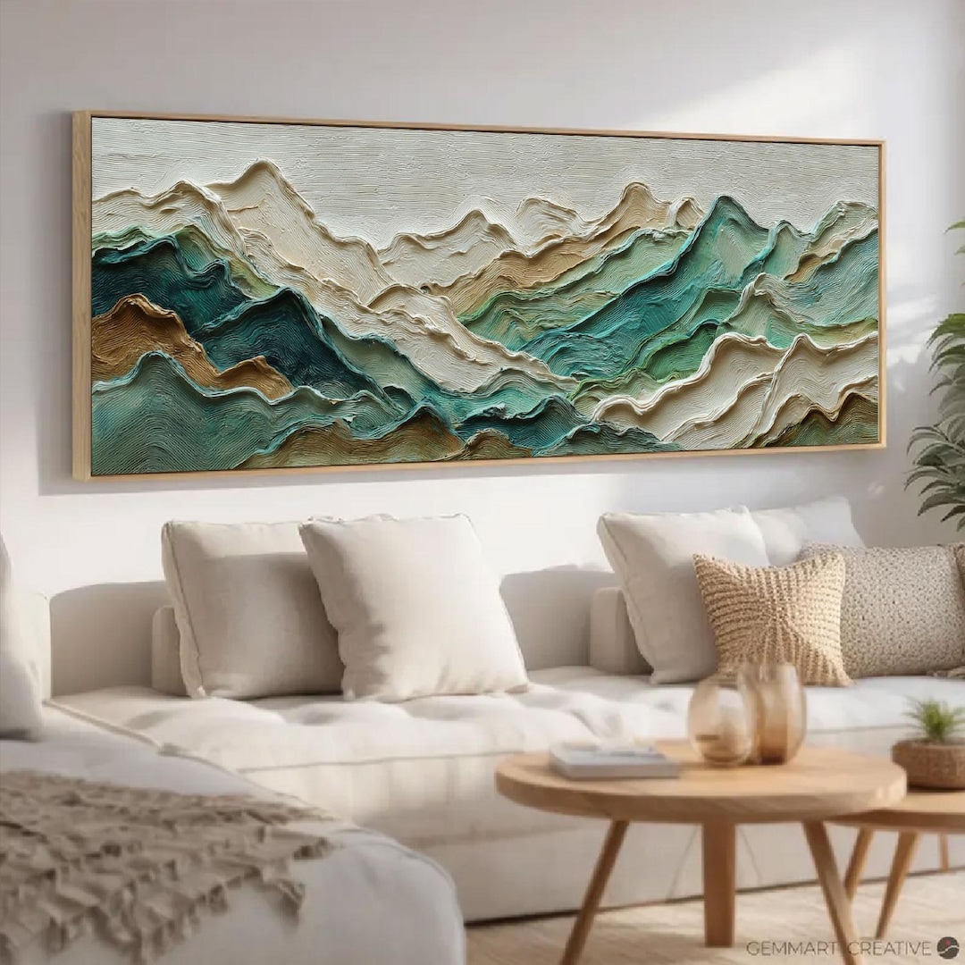 Teal Mountain Ridge Impasto Painting, Large Textured Landscape Art ...