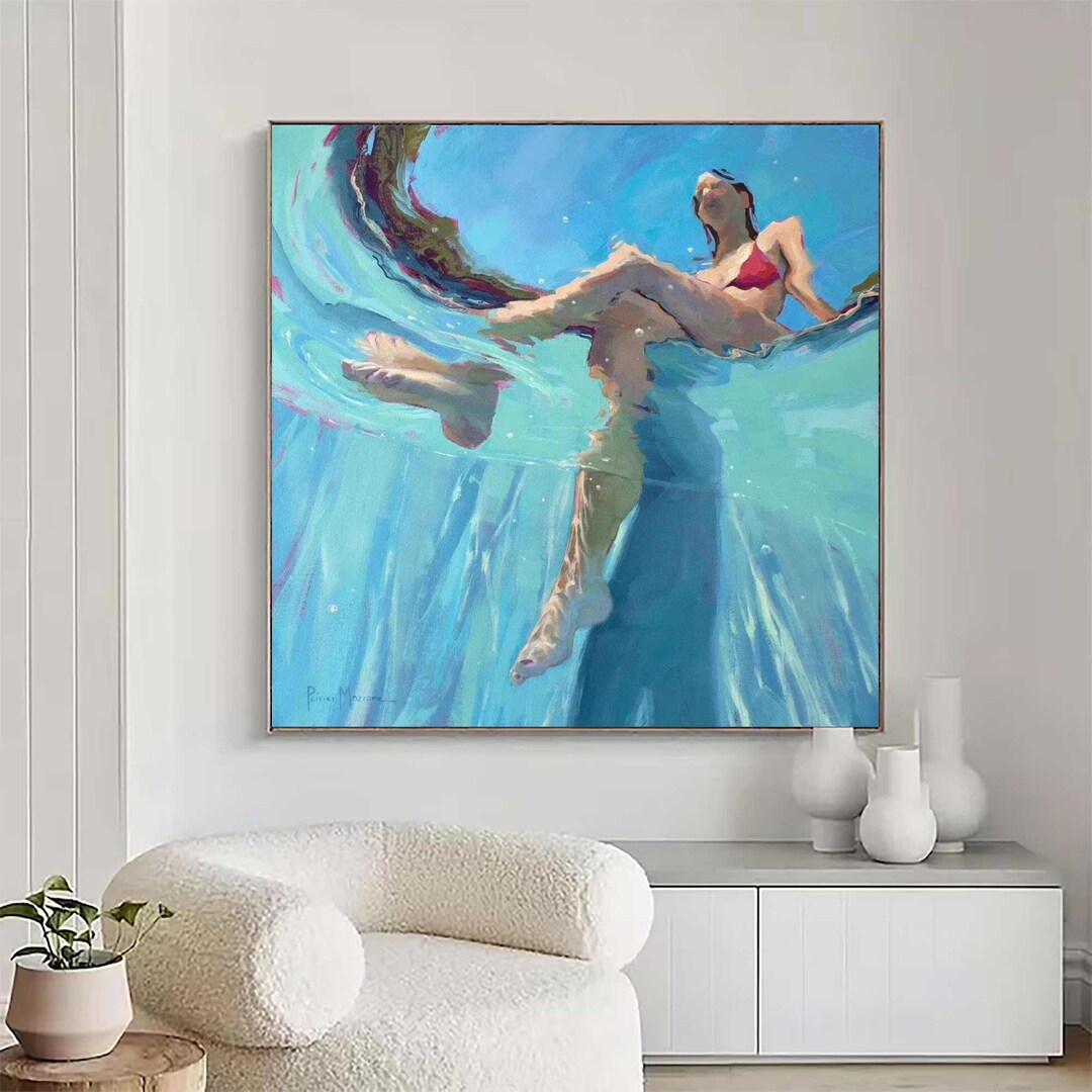 Diving Oil Painting Diving Wall Art Swimming Girl Painting Blue ...