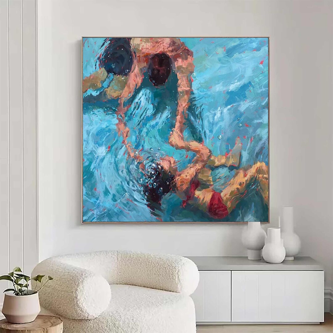 Abstract Diving Oil Painting: Man and Woman Swimming, Blue Sea Canvas ...