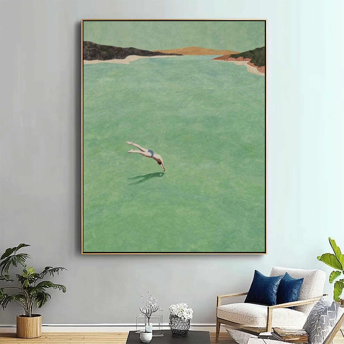 Seascape Painting: Man Diving Into Sea Green Ocean, Retro Wall Art - Etsy