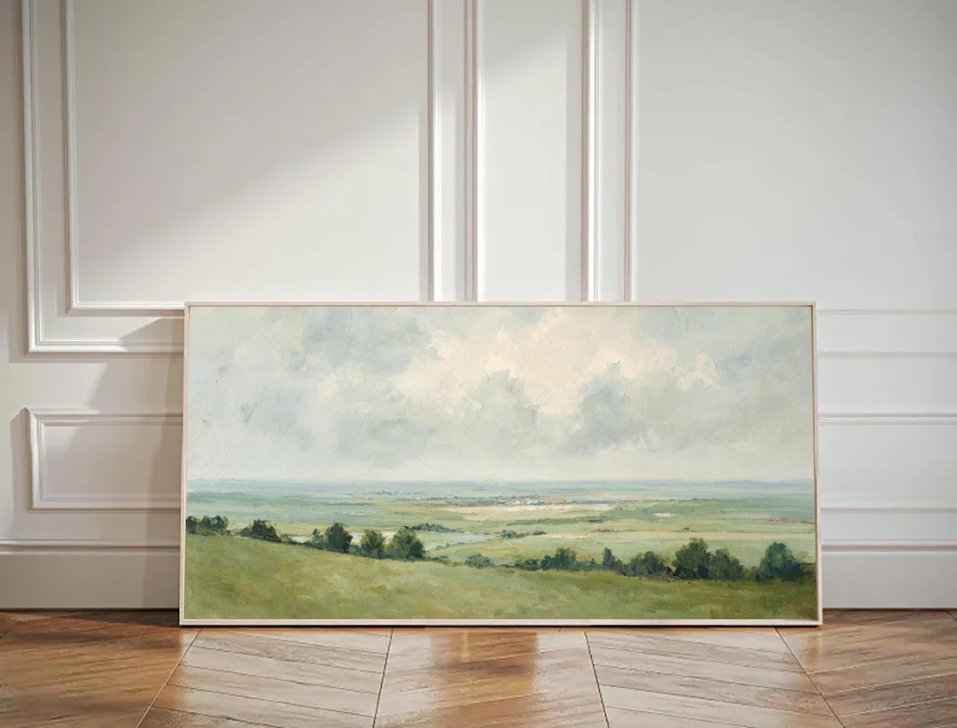 Wide Green Countryside Landscape Wall Art Soft Sky Canvas Painting for ...