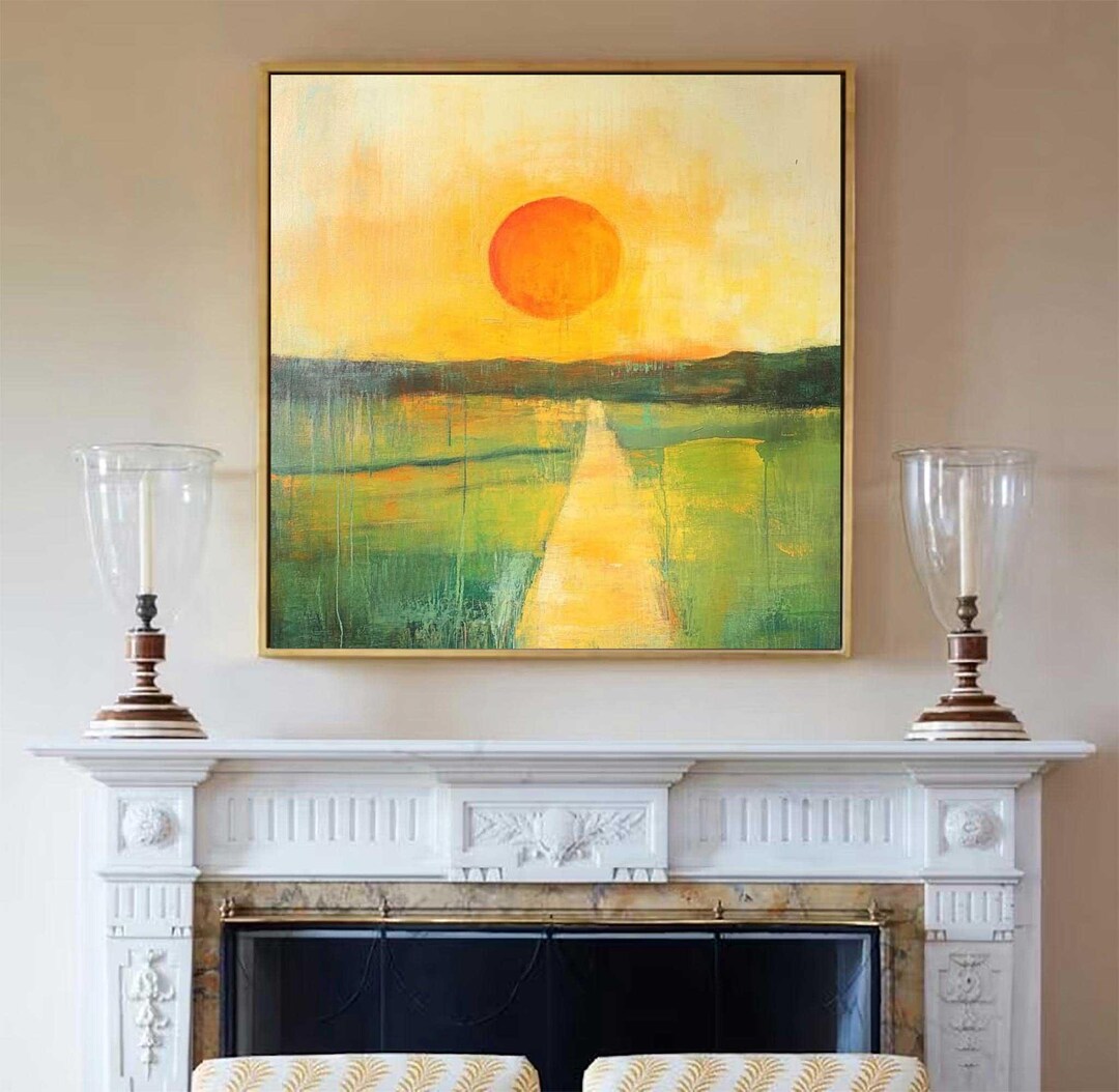 Large Orange Sunset Painting on Canvas Yellow Sunset Painting Green ...