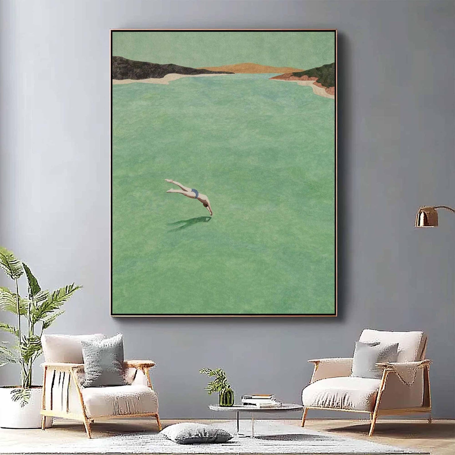 Seascape Painting: Man Diving Into Sea Green Ocean, Retro Wall Art - Etsy