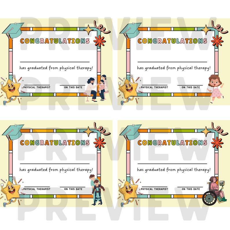 Physical Therapy Graduation Diploma Set of 8, Certificate of Completion ...